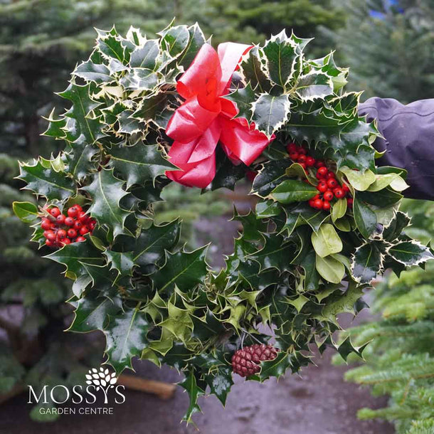 Fresh Hand Made Holly Wreath (40cm) – Mossys Garden Centre